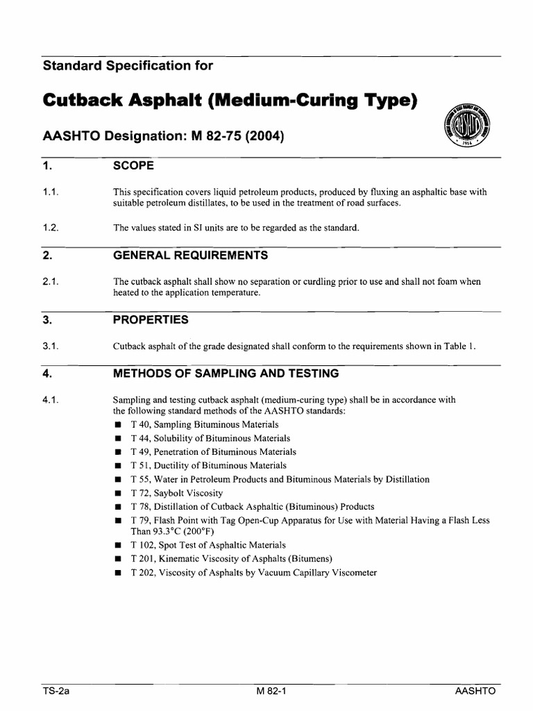 M 82-75 (2004) Cutback Asphalt (MC Type) | PDF | Asphalt | Physical ...
