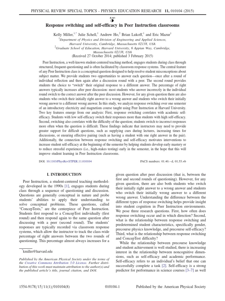 Response Switching and Self Efficacy in Peer Instruction Classrooms ...