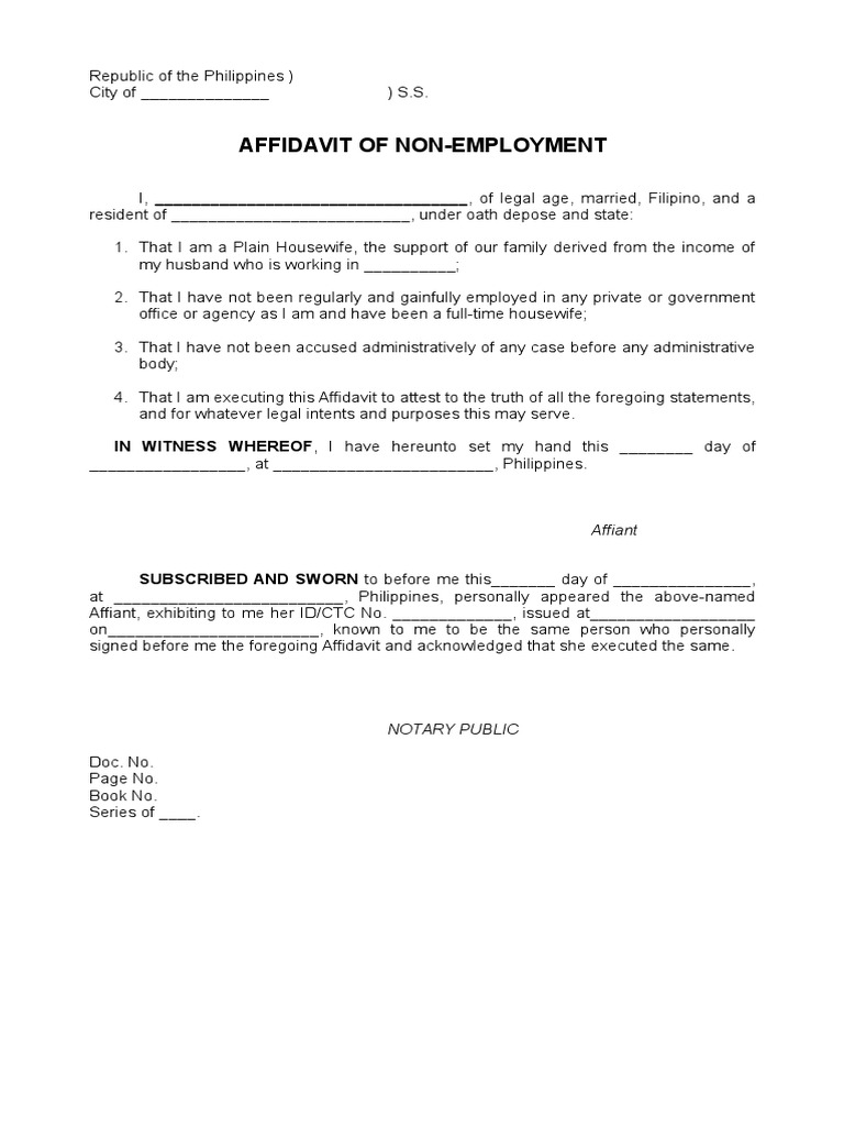 Affidavit of Non-Employment Sample | PDF | Politics | Law
