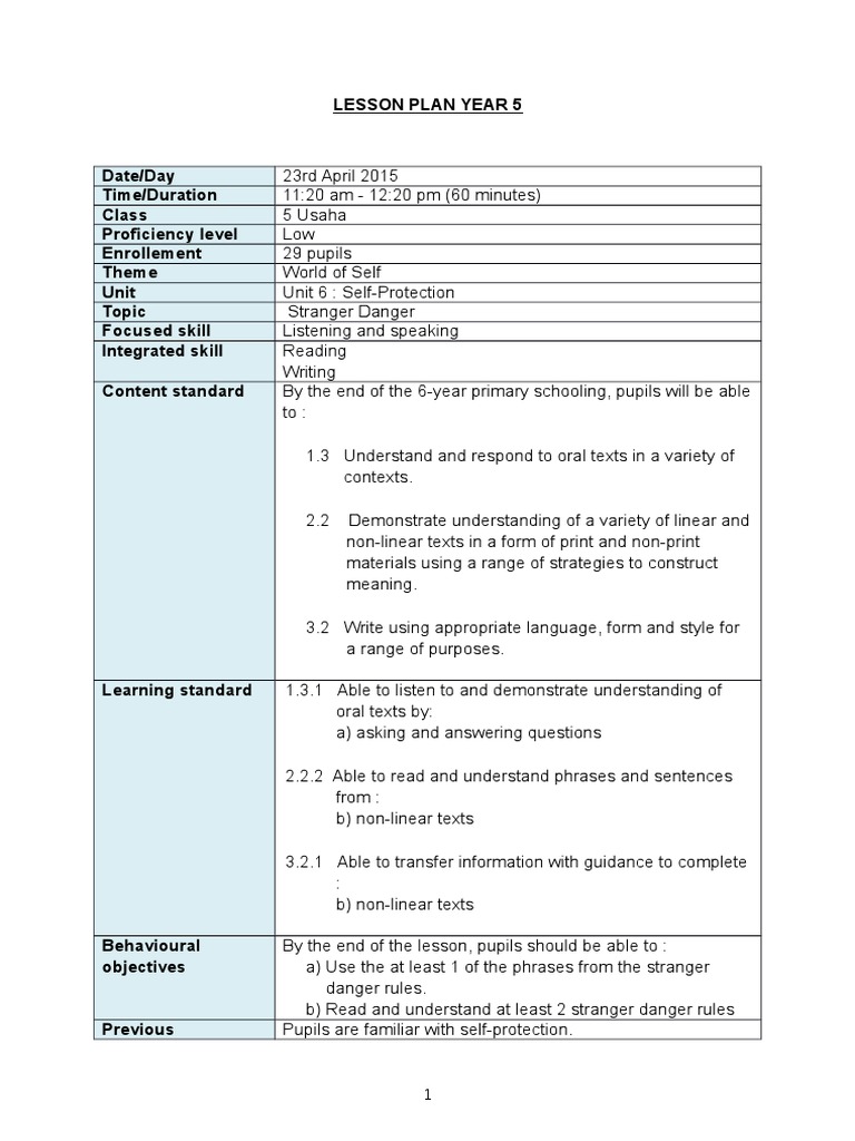 Year 5 Stranger Danger Lesson Plan | PDF | Lesson Plan | Understanding