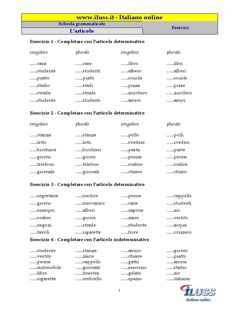 Articolo determinativo esercizi