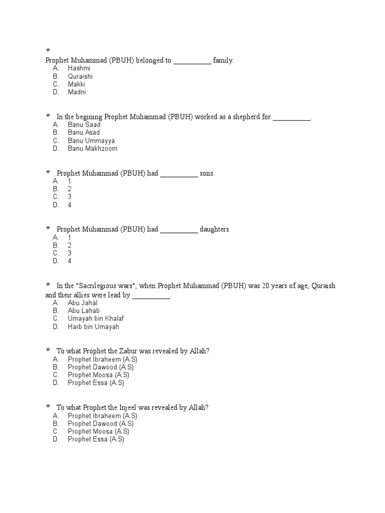 Prophet Muhammad (PBUH) Quiz | PDF | Sahabah | Muhammad
