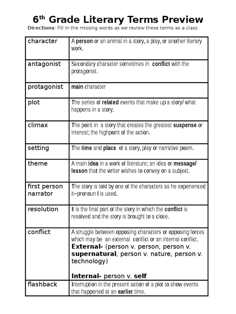 6th Grade Literary Terms Key | PDF | General Fiction