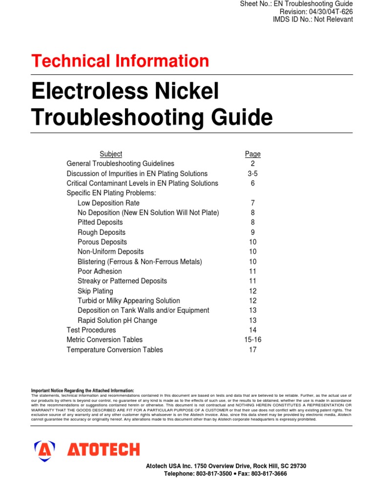 Electroless Nickel Troubleshooting Guide | PDF | Nickel | Fahrenheit