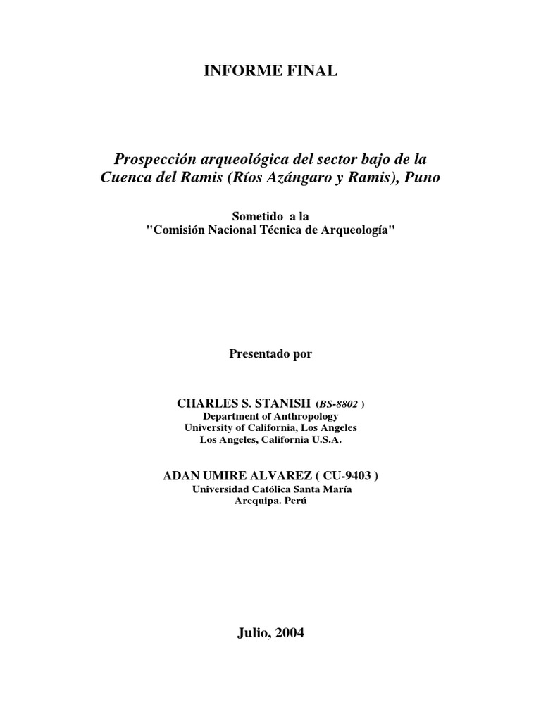 Prospección Arqueológica Del Sector Bajo de La Cuenca Del Ramis (Ríos Azángaro y Ramis), Puno ...