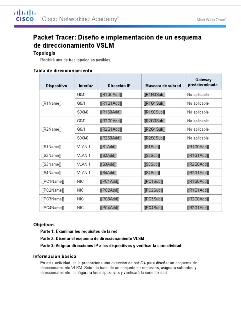 9.2.1.5 Packet Tracer: Diseño e Implementación de Un Esquema de Direccionamiento VLSM | PDF ...