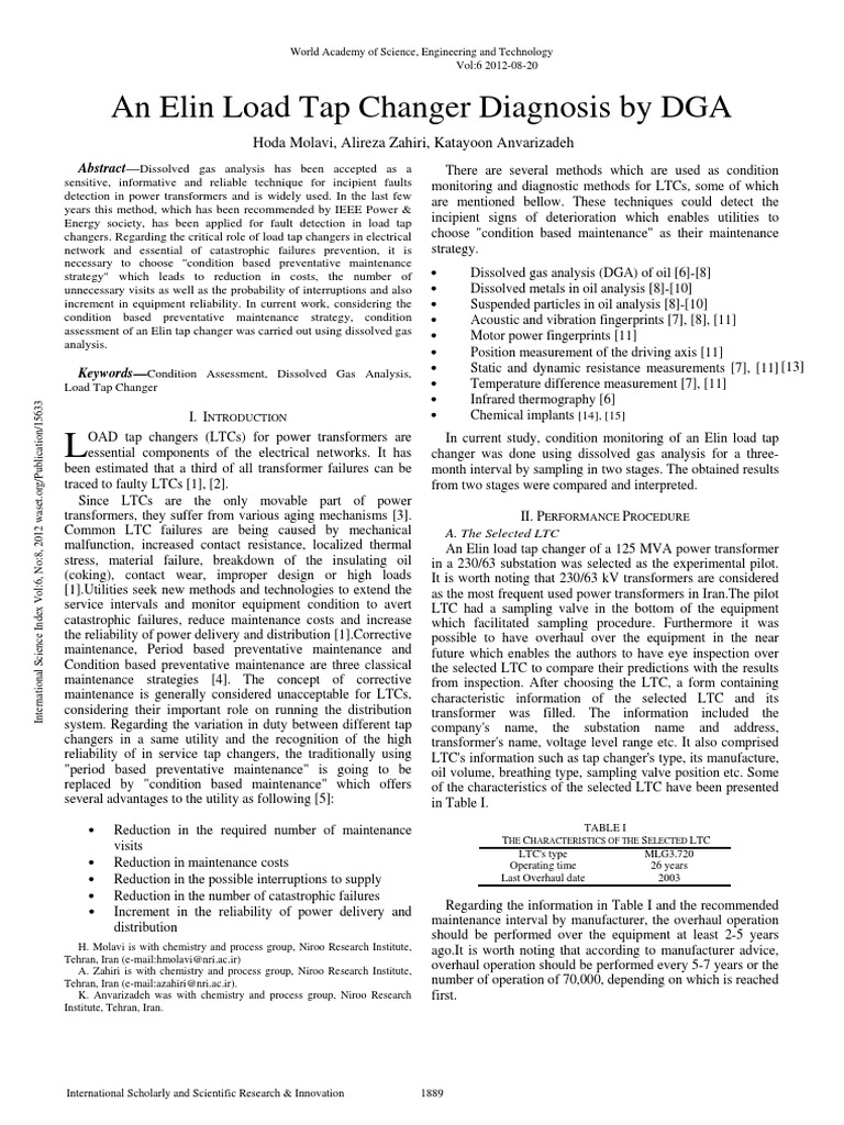 An Elin Load Tap Changer Diagnosis by Dga | PDF | Transformer ...