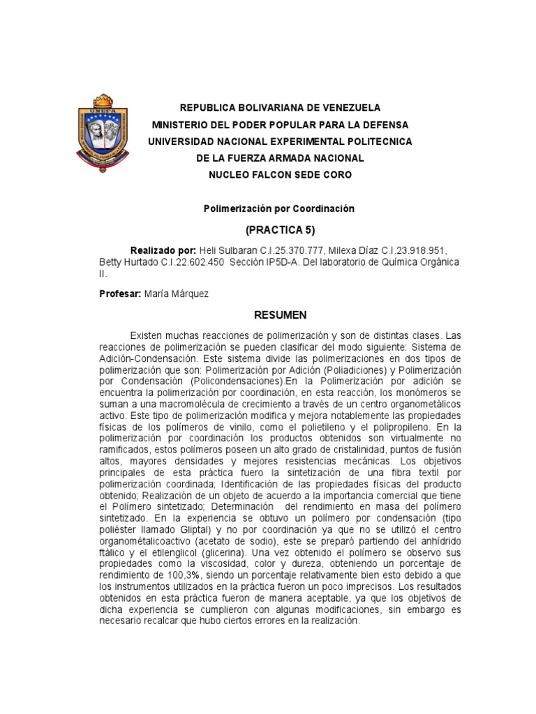 Practica 5 ... Coordinacion. | PDF | Polímeros | El plastico