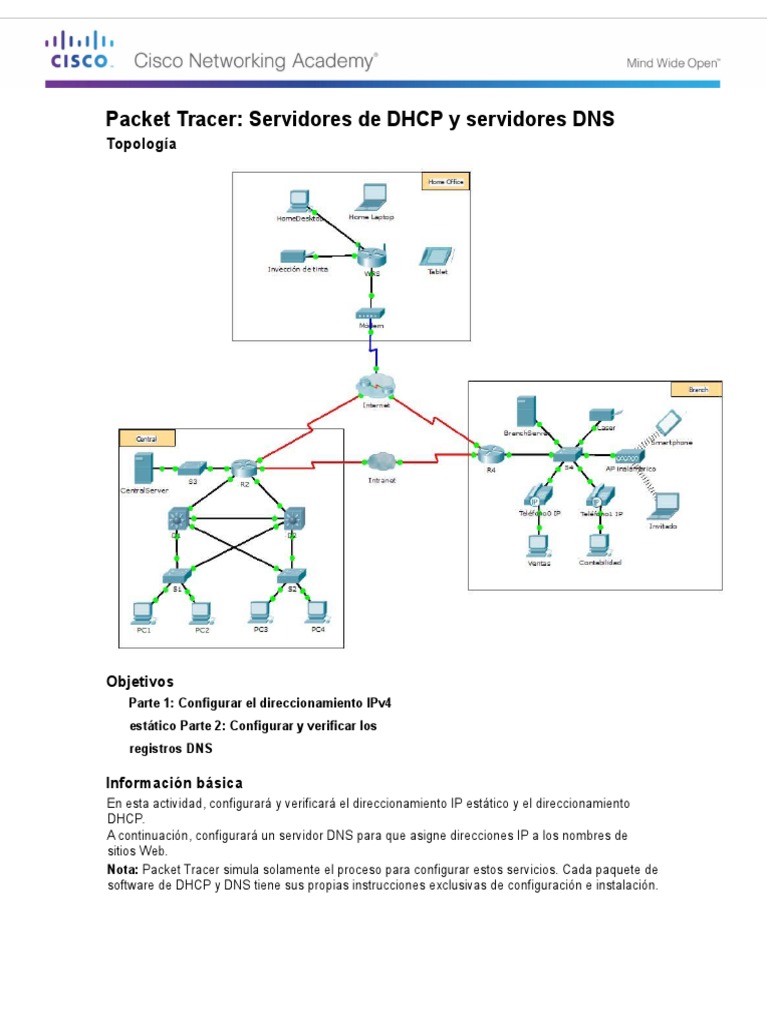 10.2.2.8 Packet Tracer: DNS y DHCP | PDF | Dirección IP | sistema de nombres de dominio