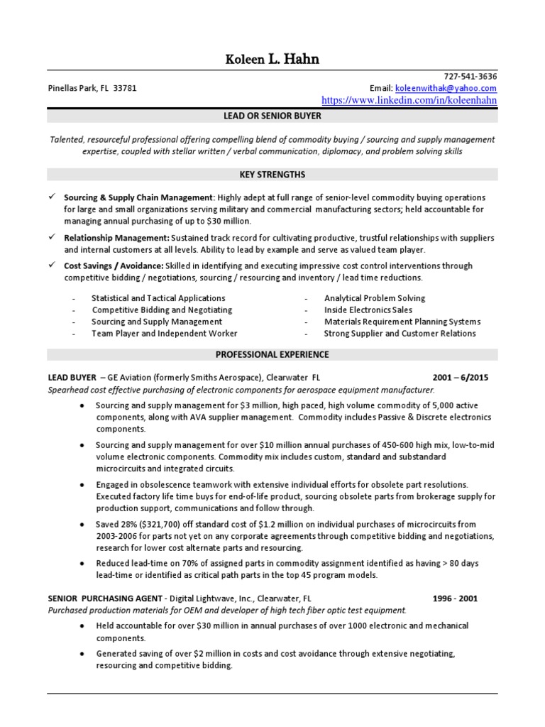 Senior Buyer Purchasing Aviation In Tampa St Petersburg FL Resume ...