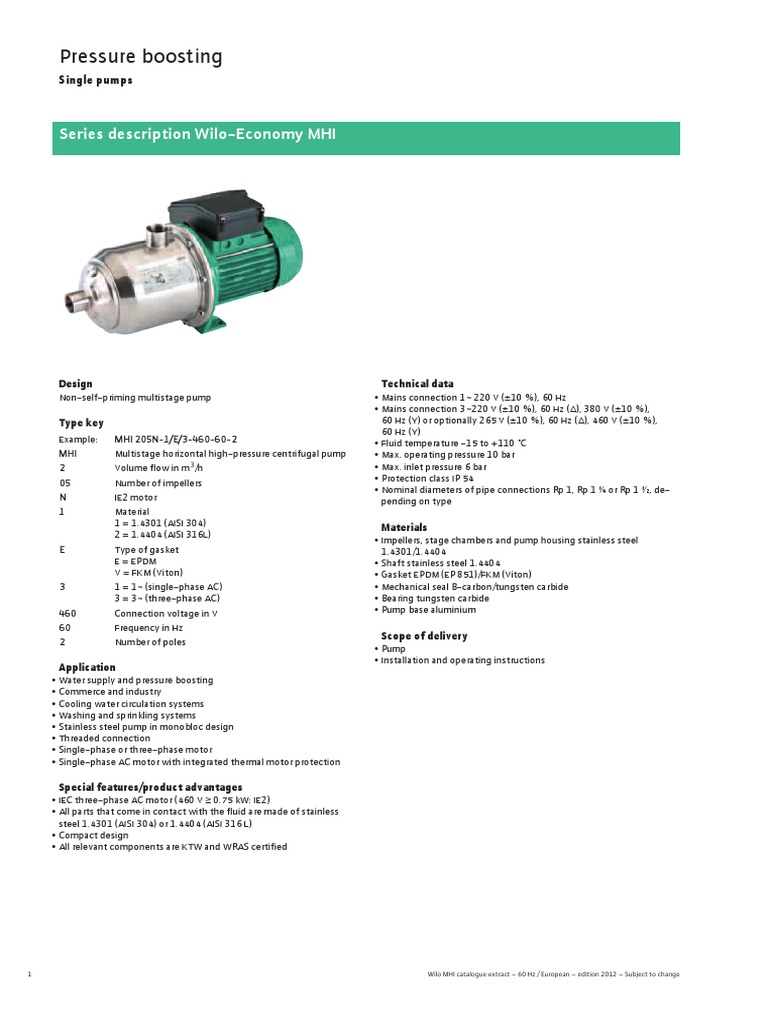Wilo-Economy MHI Series: Technical Specifications and Performance ...