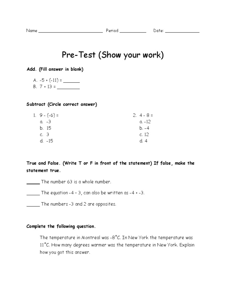 Pre-Test: Addition and Subtraction Skills | PDF | Computers
