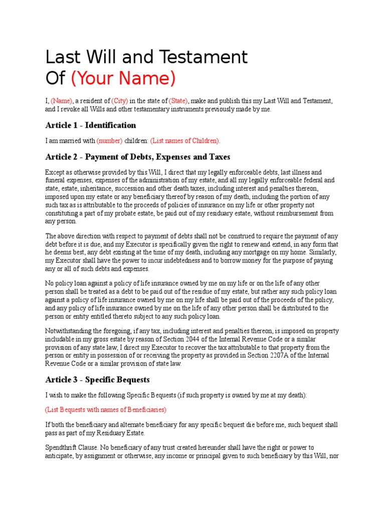 Sample Will | PDF | Will And Testament | Trust Law