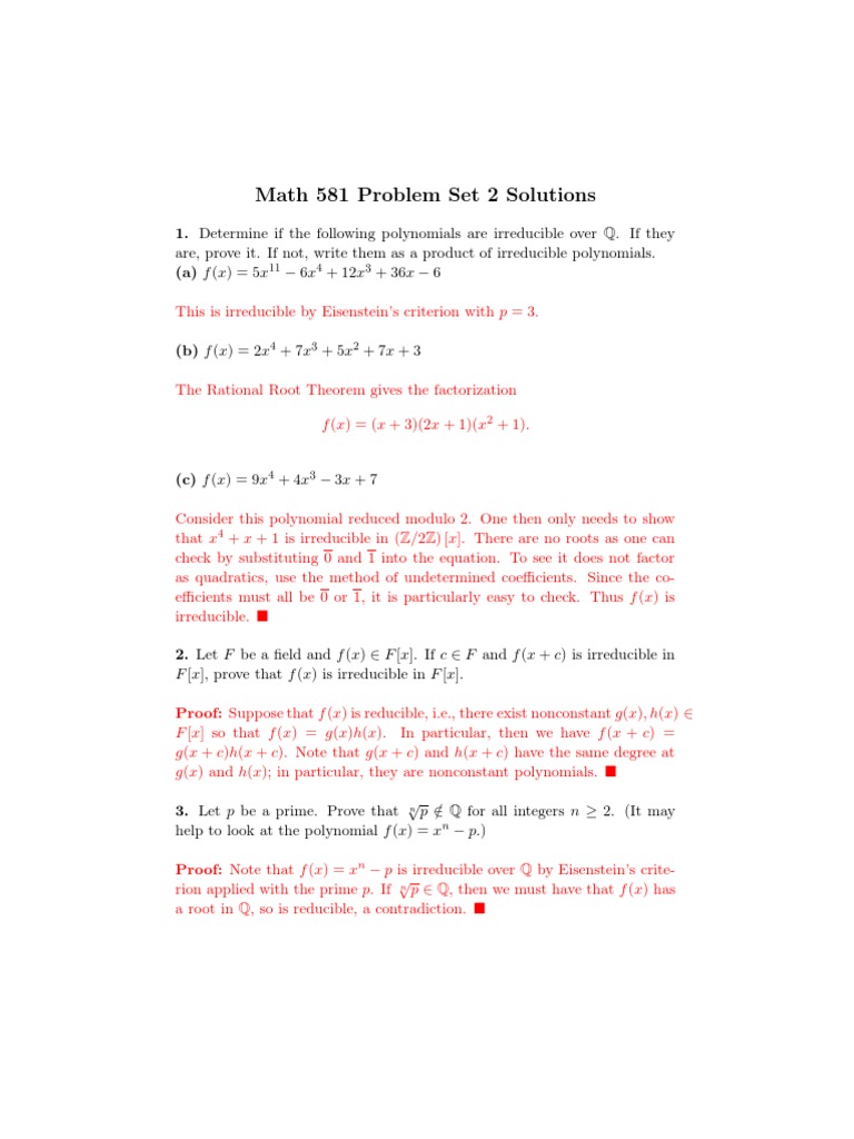 Eisenstein Criterion and Irreducibility Proofs | PDF | Numerical ...