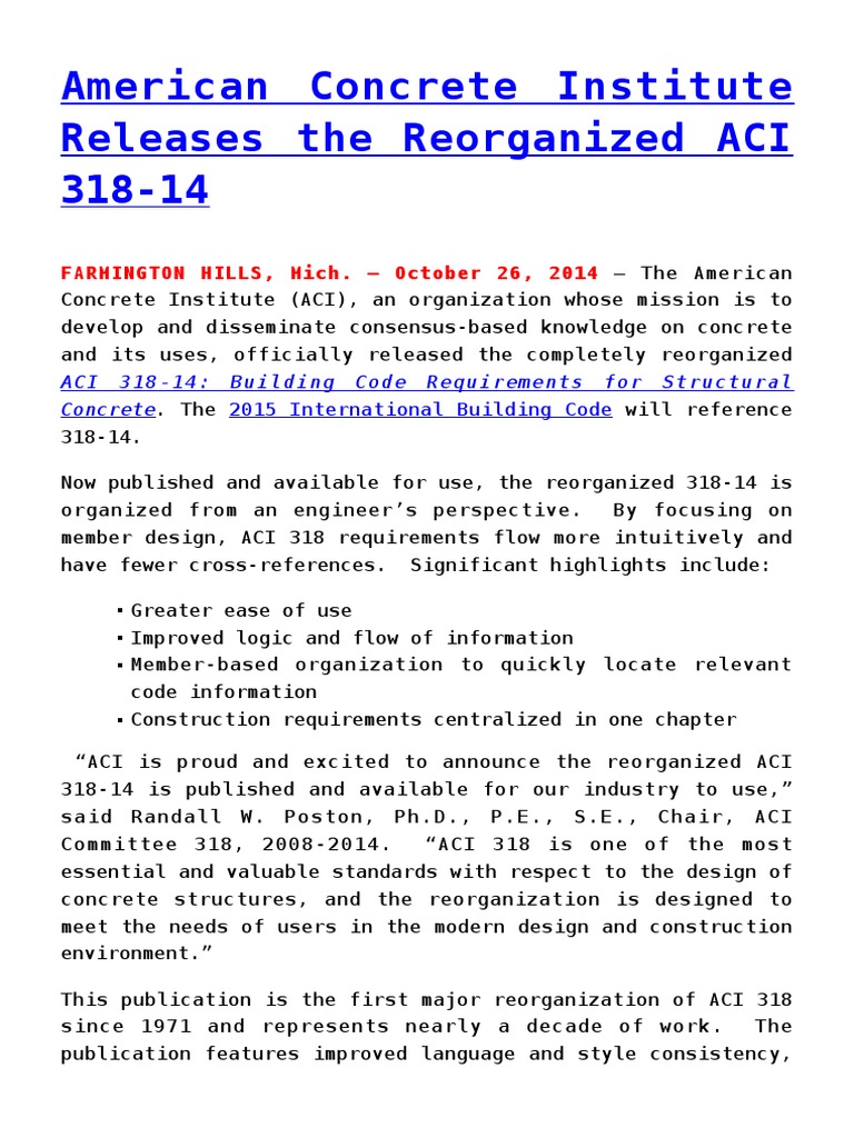 American Concrete Institute Releases The Reorganized ACI 318-14 | PDF ...