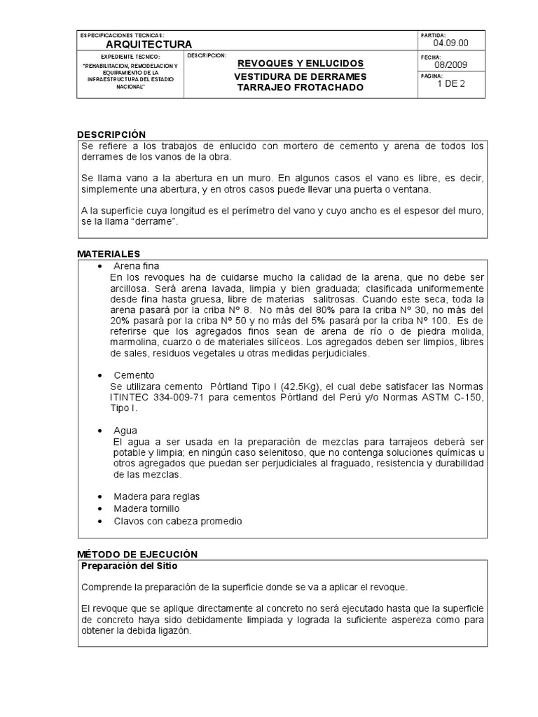 04.09.00 Vestidura de Derrames | PDF | Cemento | Aluminio