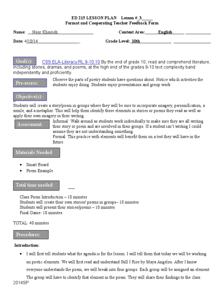 Ed 215 Lesson Plan 3 | PDF | Poetry | Lesson Plan
