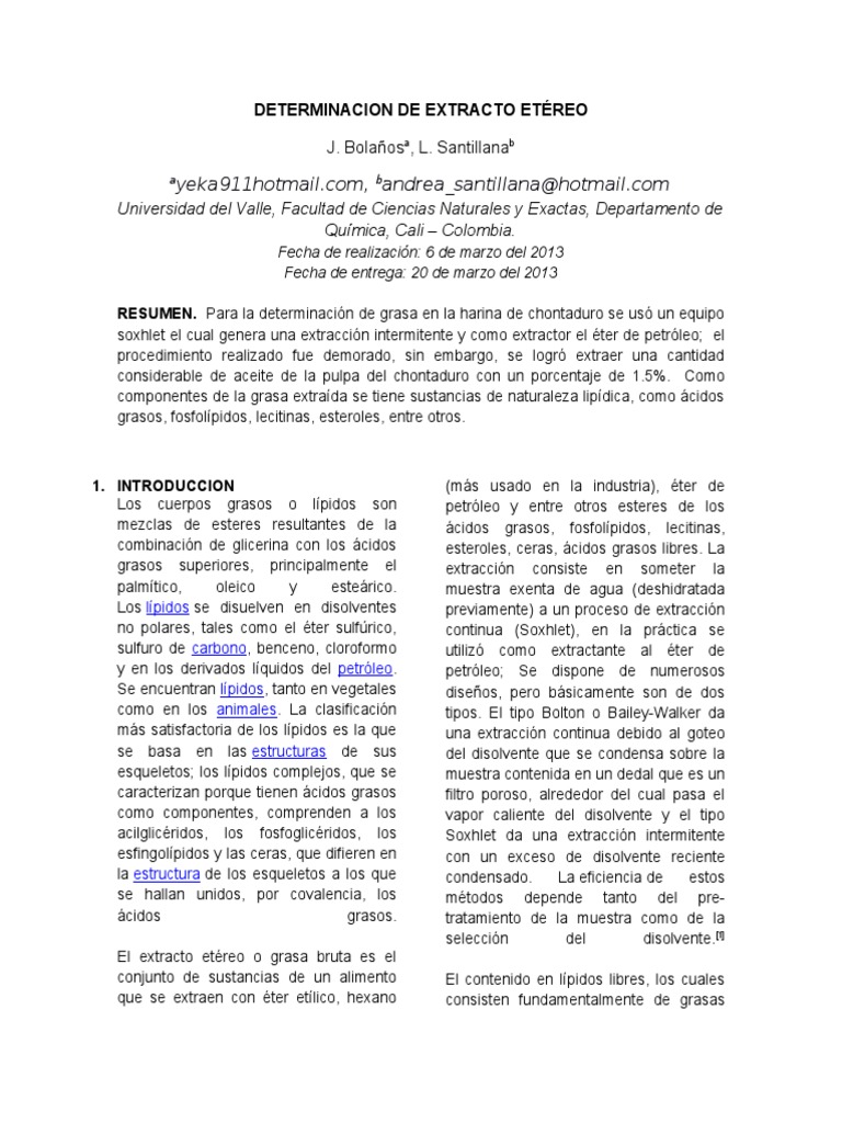 Determinacion de Extracto Etéreo | Lípido | Compuestos químicos