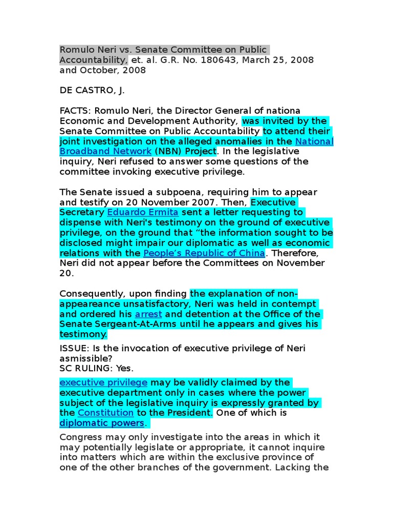 Romulo Neri vs. Senate Committee On Public Accountability, Et. Al. G.R ...