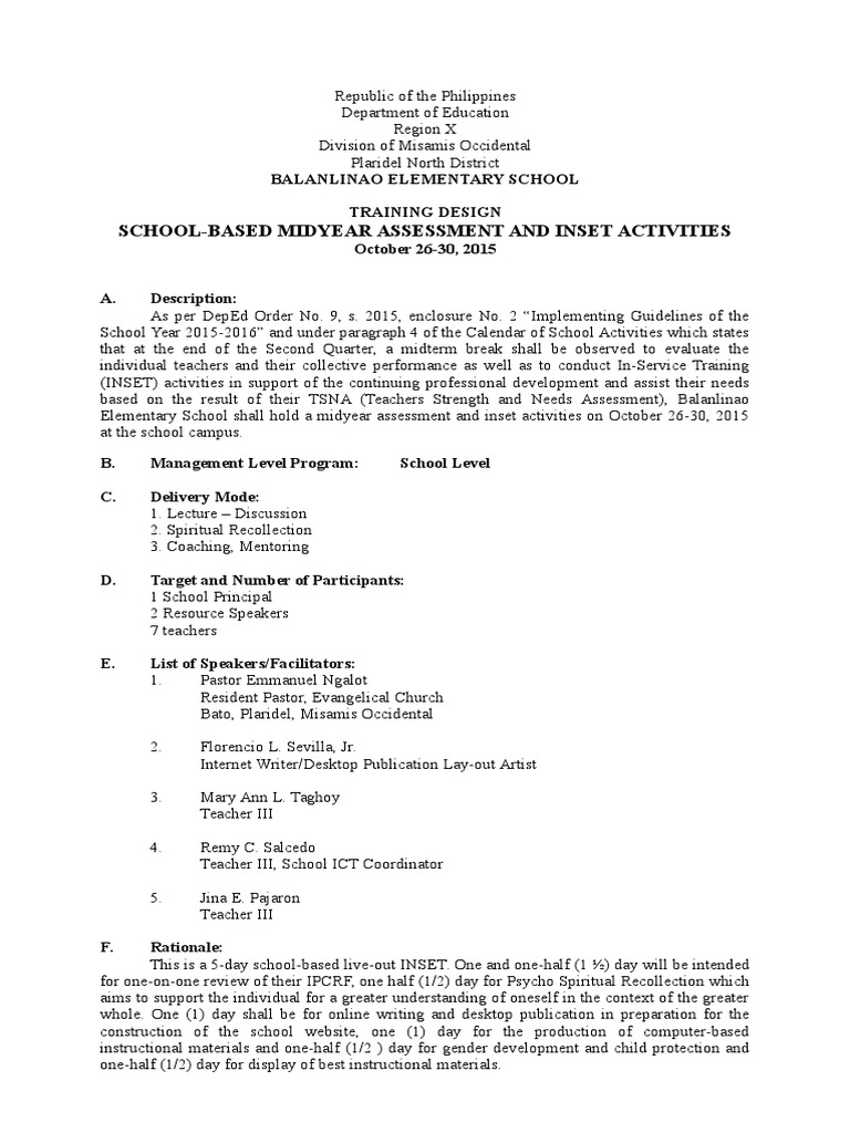 Sample of Midyear Assessment and INSET Activities | Educational ...