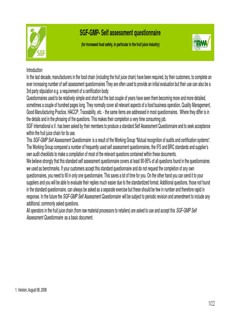 SGF-GMP Self Assessment Questionnaire En | Food Safety | Hazard ...