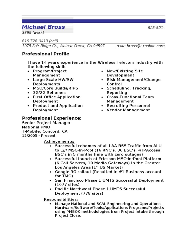 Michael Bross Resume | PDF | Ericsson | Construction Management