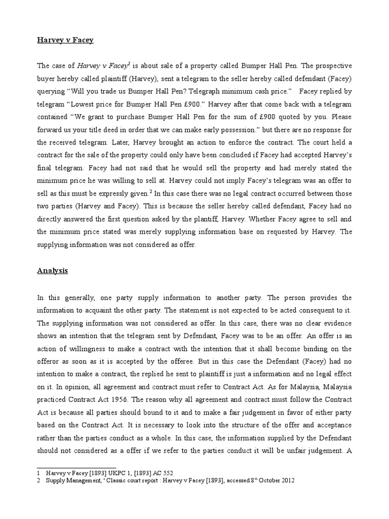 Case of Harvey V Facey | PDF | Offer And Acceptance | Government