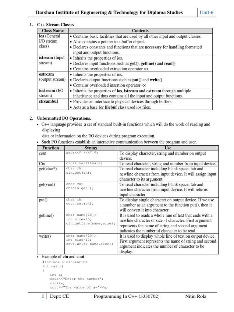C++ Stream Classes for Diploma Studies | PDF | Input/Output | Notation