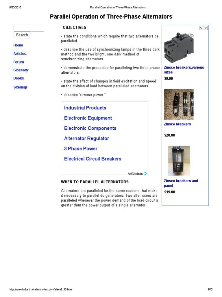 Parallel Operation of Three-Phase Alternators | PDF | Alternating ...