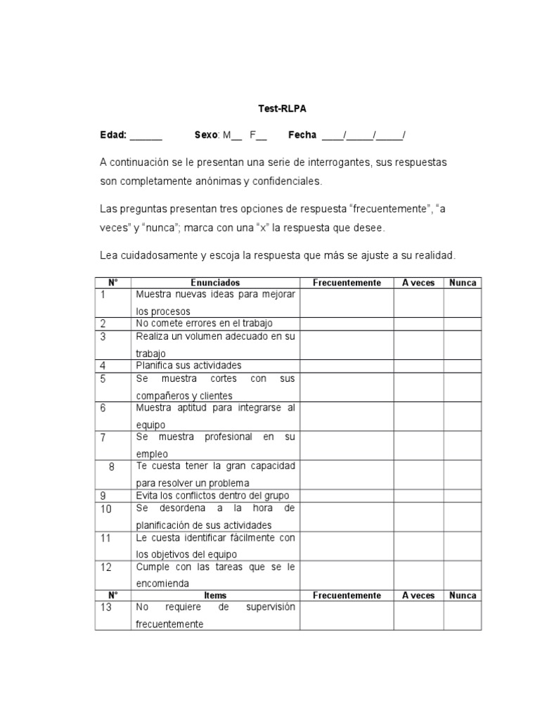 Test de Rendimiento Laboral | PDF