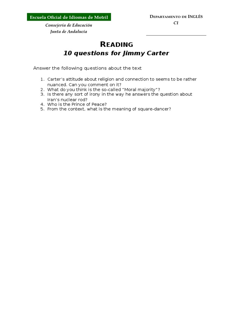 Jimmy Carter Reading Comprehension Questions | PDF
