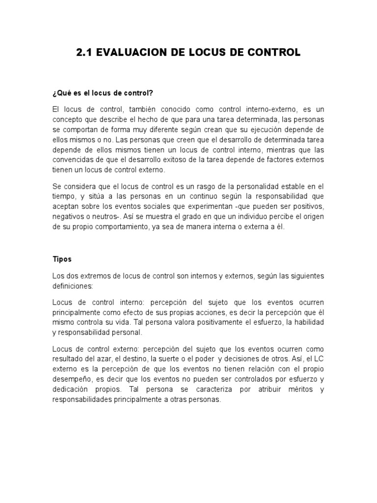 2.1 Evaluación Locus de Control | PDF | Ciencia cognitiva | Sicología