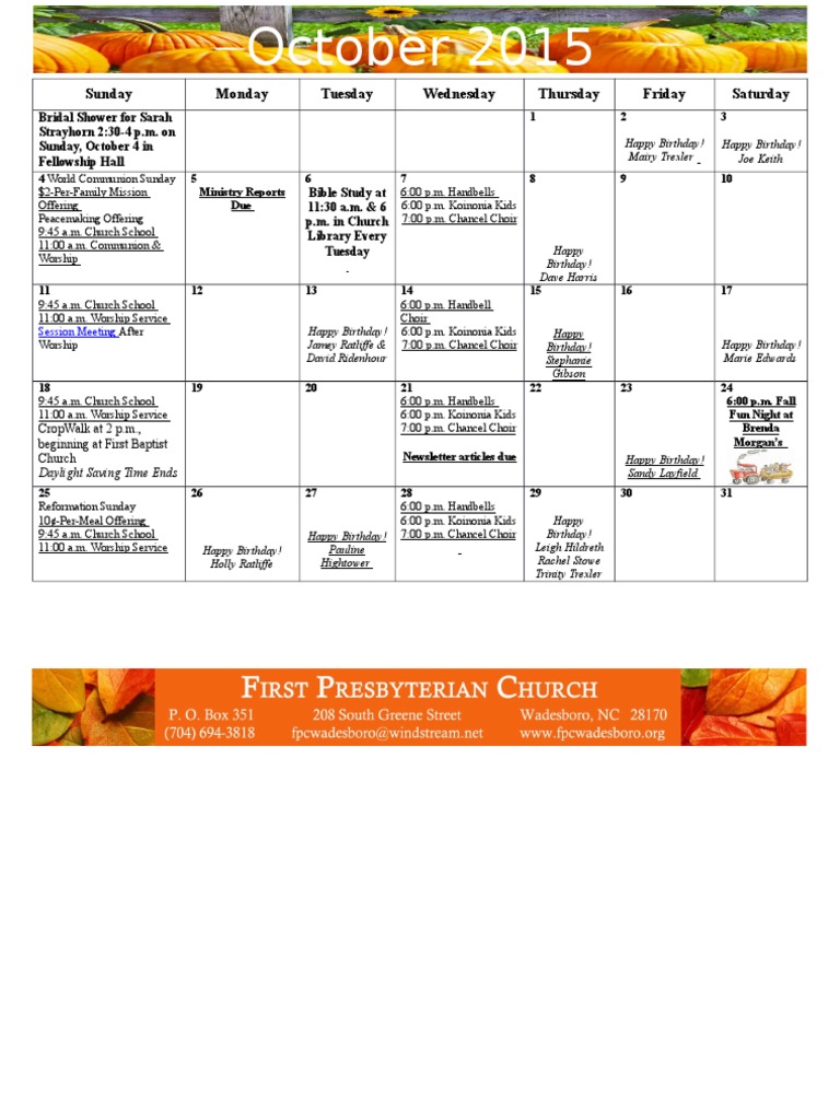 October 2015 Church Events Calendar | PDF