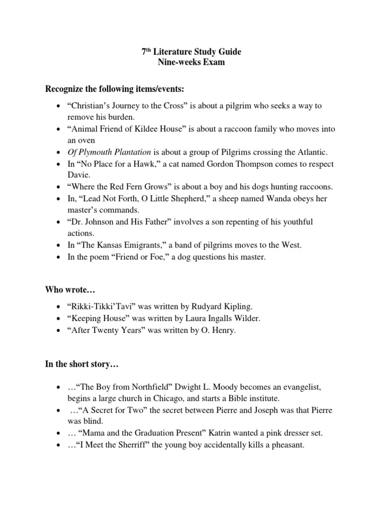 7th Grade Literature Exam Guide | PDF