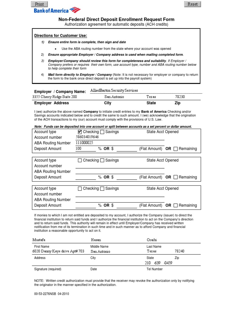 Non-Federal Direct Deposit Enrollment Form | PDF | Deposit Account ...