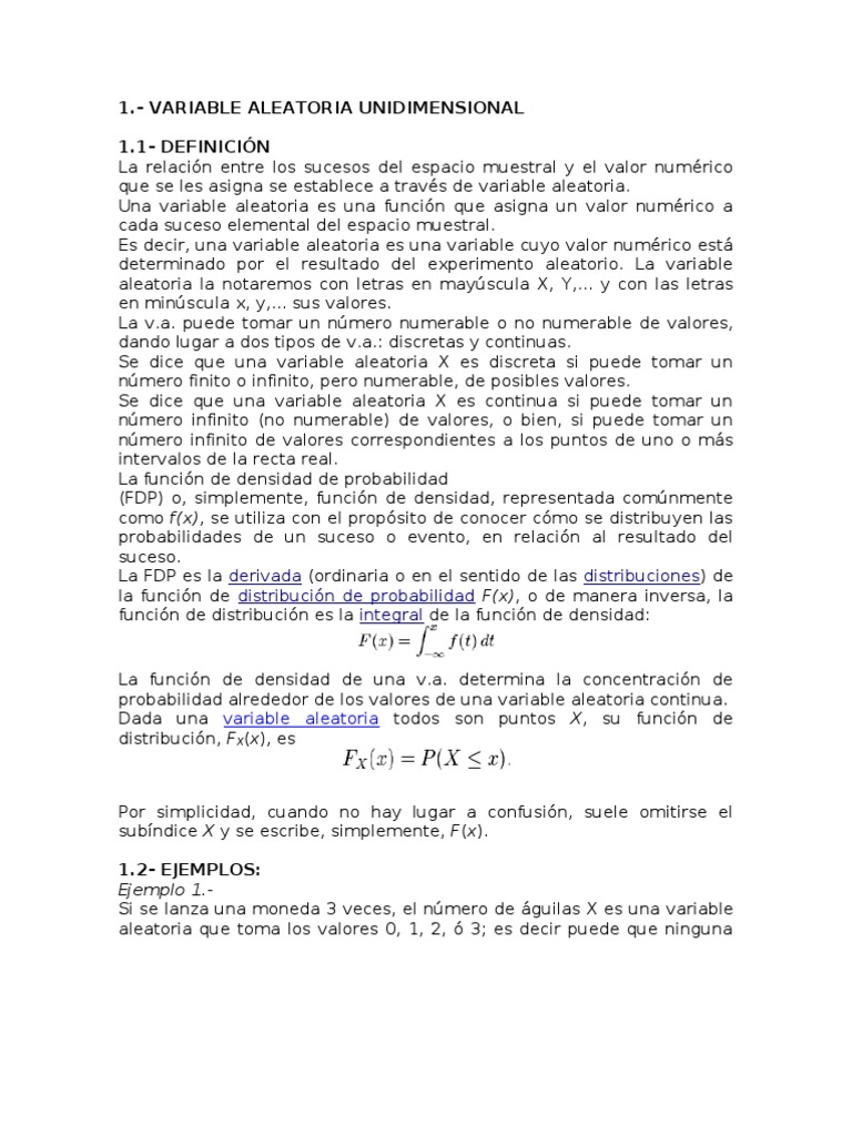 Variable Aleatoria Unidimensional 1.1 - DefiniciÓn La | PDF | Variable aleatoria | Valor esperado