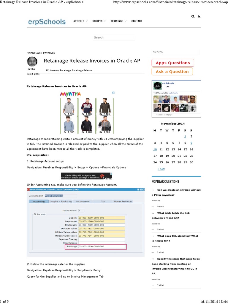 Retainage Release Invoices in Oracle AP - ErpSchools | PDF | Invoice ...