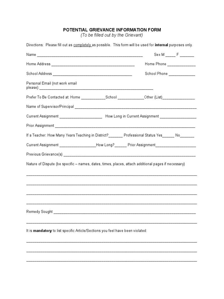 Potential Grievance Information Form: (To Be Filled Out by The Grievant ...