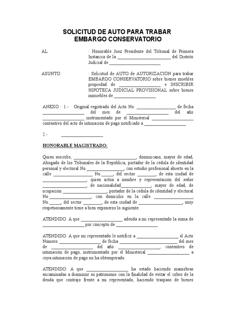 Solicitud de Auto para Trabar Embargo Conservatorio | PDF ...