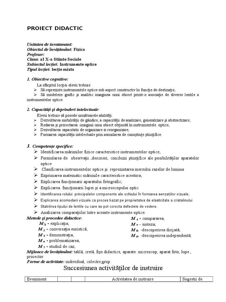Proiect Didactic Instrumente Optice | PDF