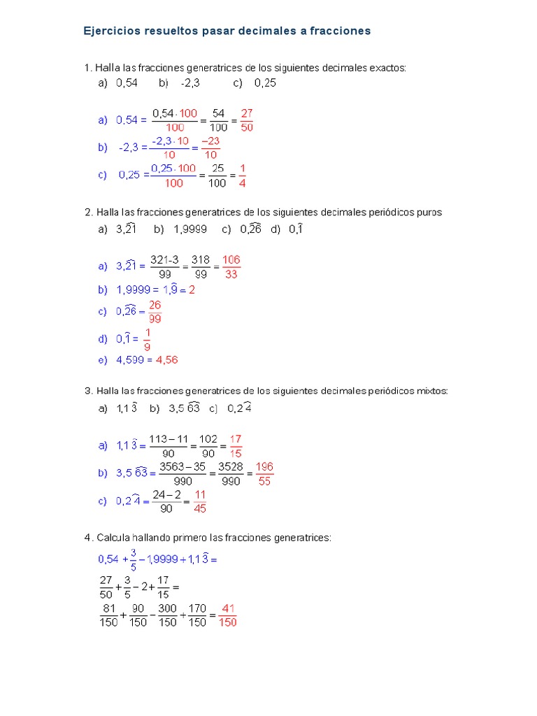 Ejercicios Resueltos Pasar Decimales A Fracciones | PDF