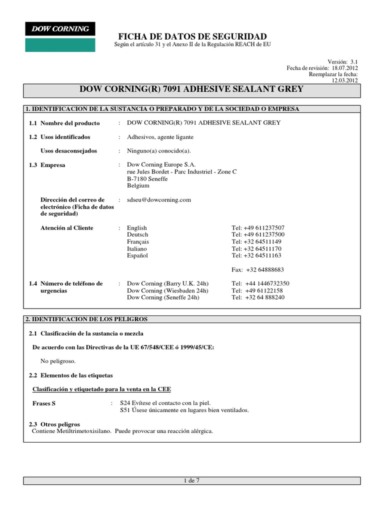 Hoja Seguridad Silicona SLP | PDF | Guante | Agua