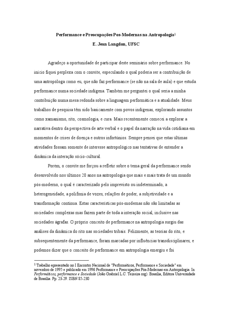 Esther Jean Langdon, "Performance e Preocupações Pós-Modernas" | PDF ...