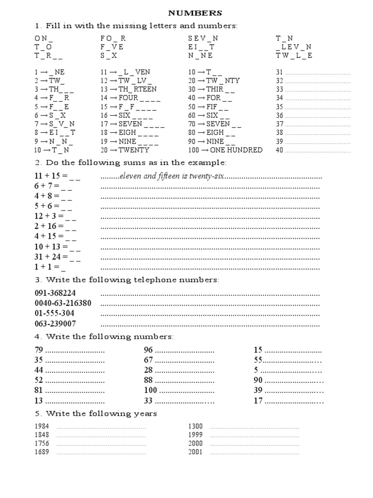 Fisa de Lucru, Engleza - Numerele | PDF