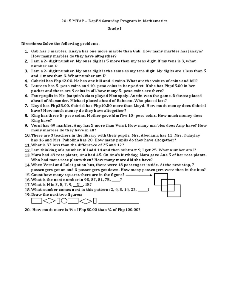 Mathematics Practice Problems for Grade 1: Solutions and Explanations | PDF