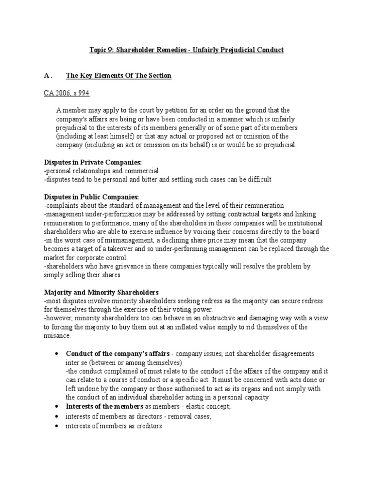 Shareholder Remedies - Unfairly Prejudicial Conduct | PDF | Liquidation ...