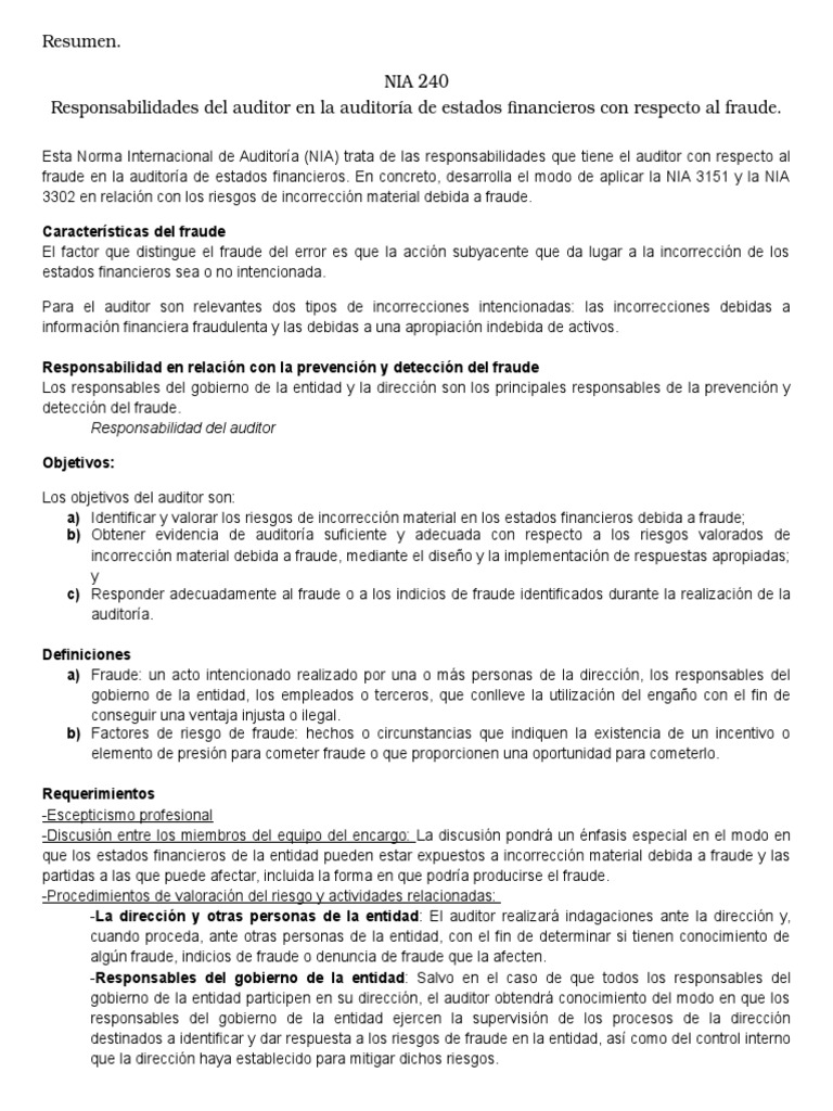 Resumen Nia 240 | Auditoría financiera | Contralor