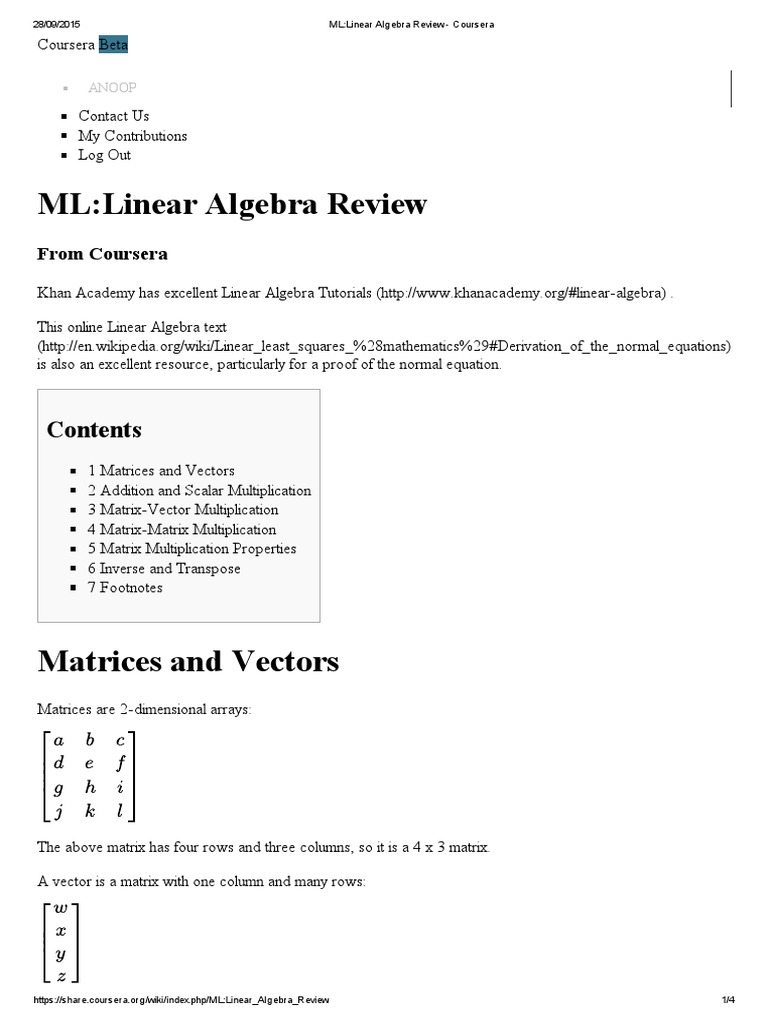 ML - Linear Algebra Review - Coursera PDF | PDF | Matrix (Mathematics ...