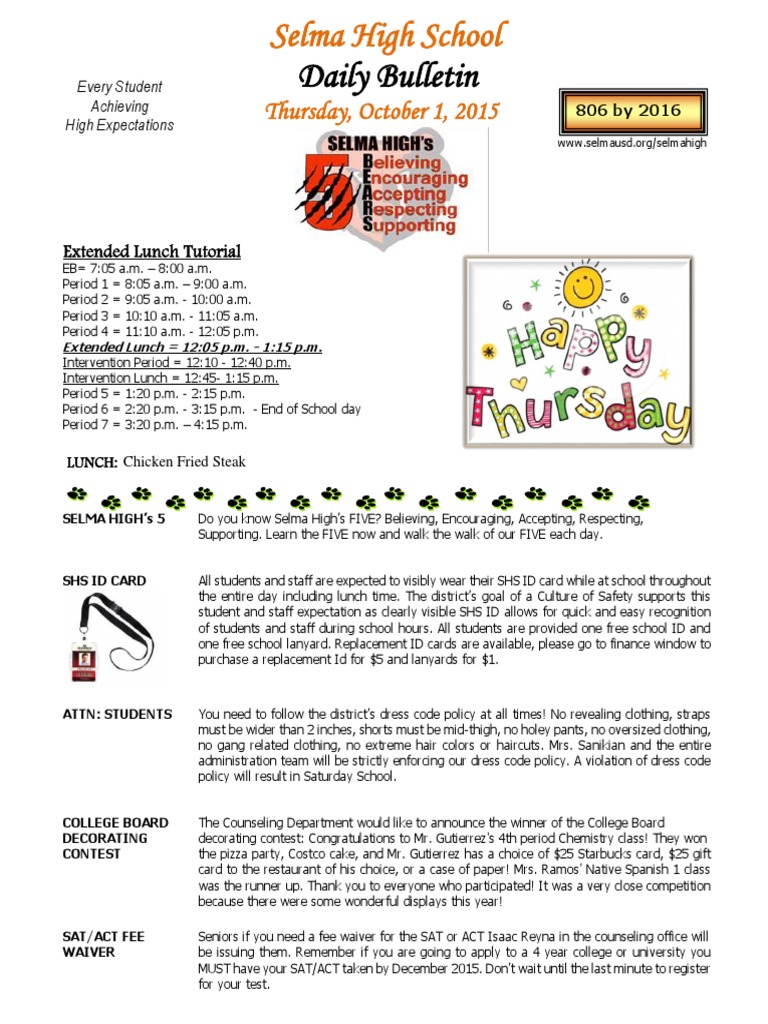 SHS Daily Bulletin 10-1-15 | PDF | Sat | Business