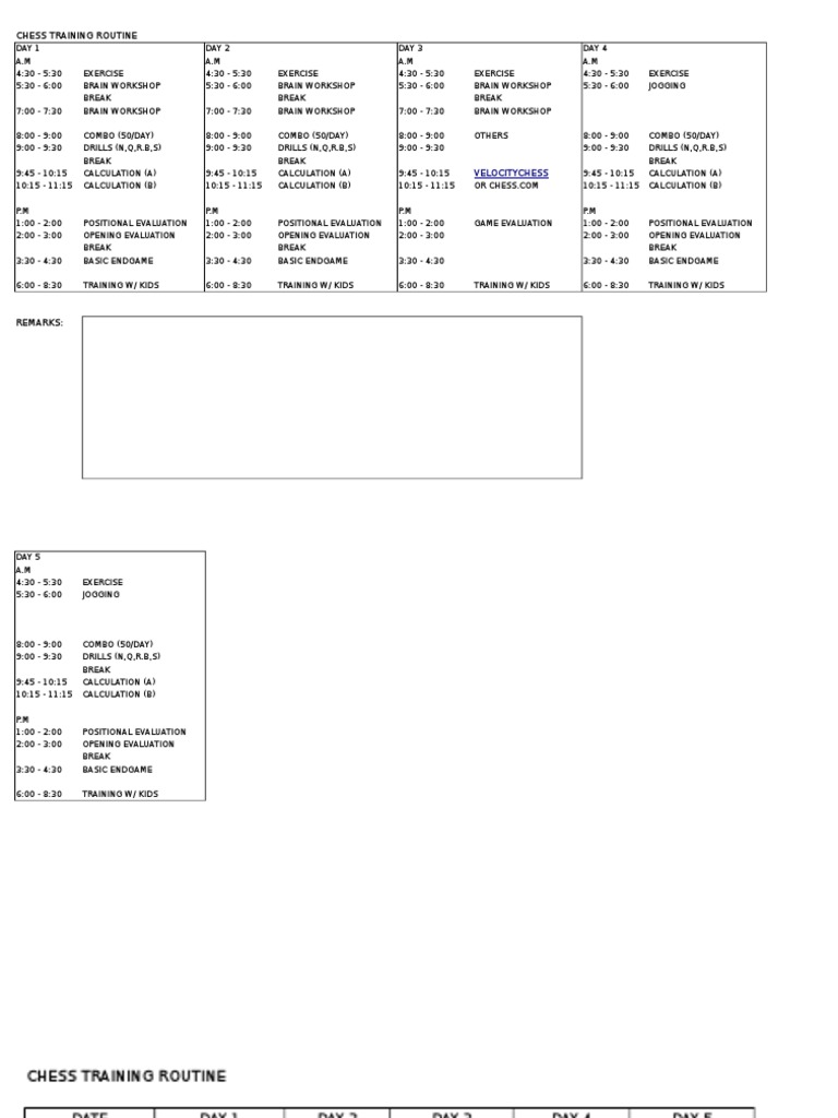 Chess Exercise Training Schedule | PDF